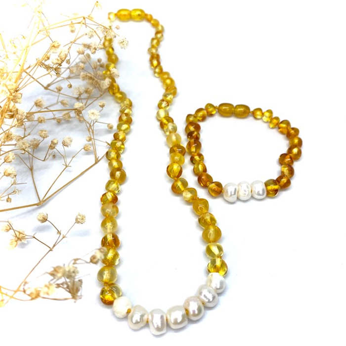 Colar de Âmbar Hope Adulto Mel e Pérolas 60cm – Colar de Âmbar